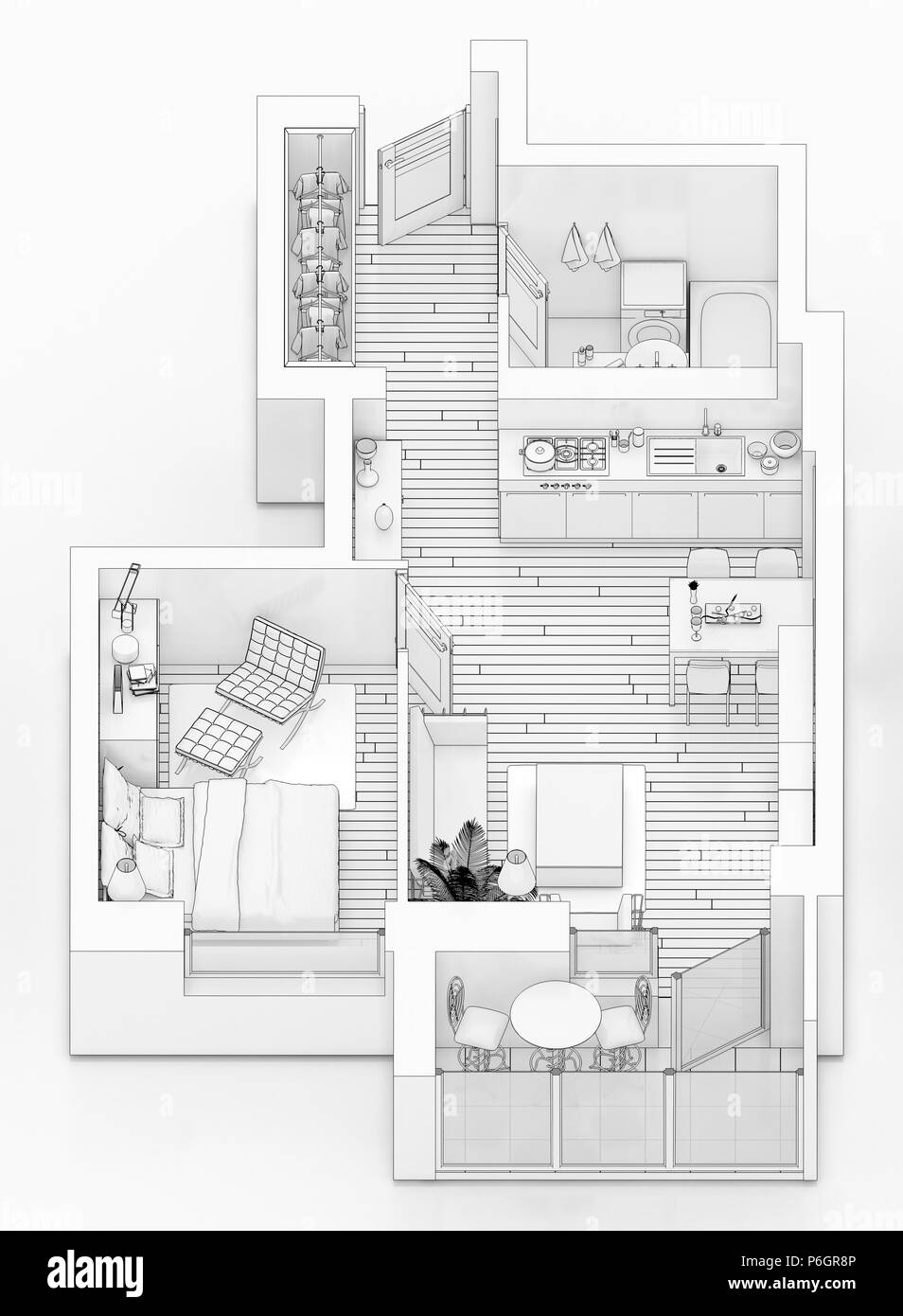 Line drawing floor plan on a white background, Mock up of furnished ...