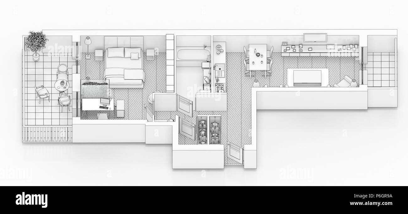 Line drawing floor plan on a white background, Mock up of furnished ...