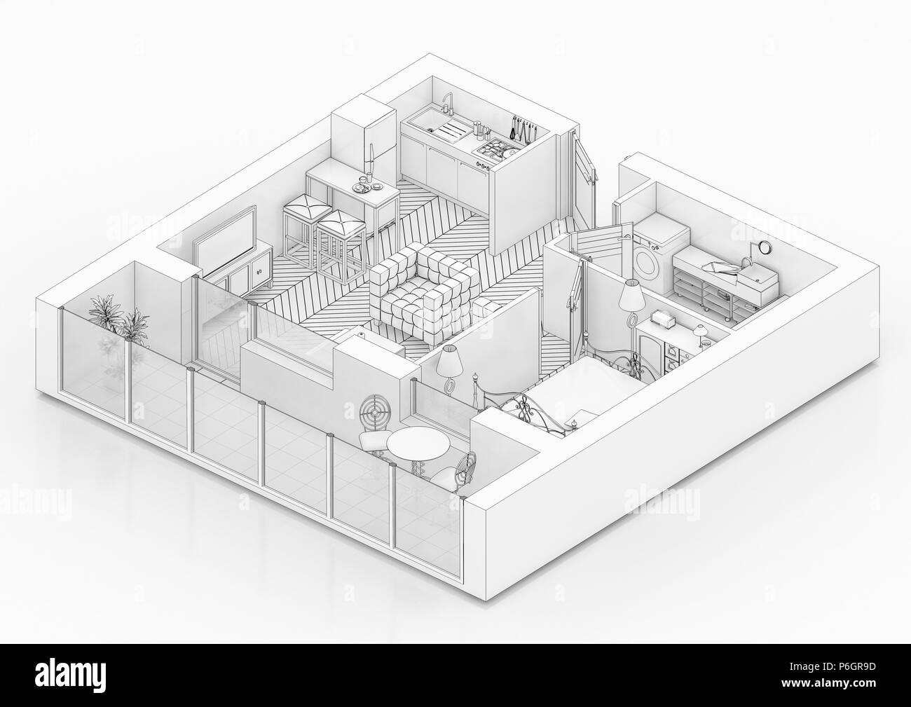 Line drawing floor plan on a white background, Mock up of furnished ...