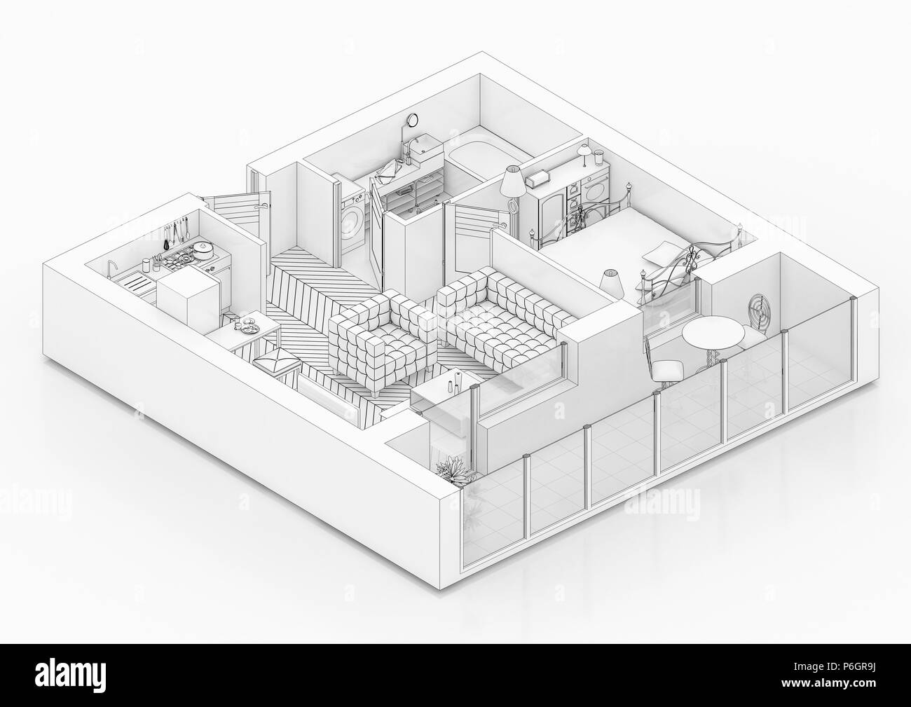 Line drawing floor plan on a white background, Mock up of furnished ...