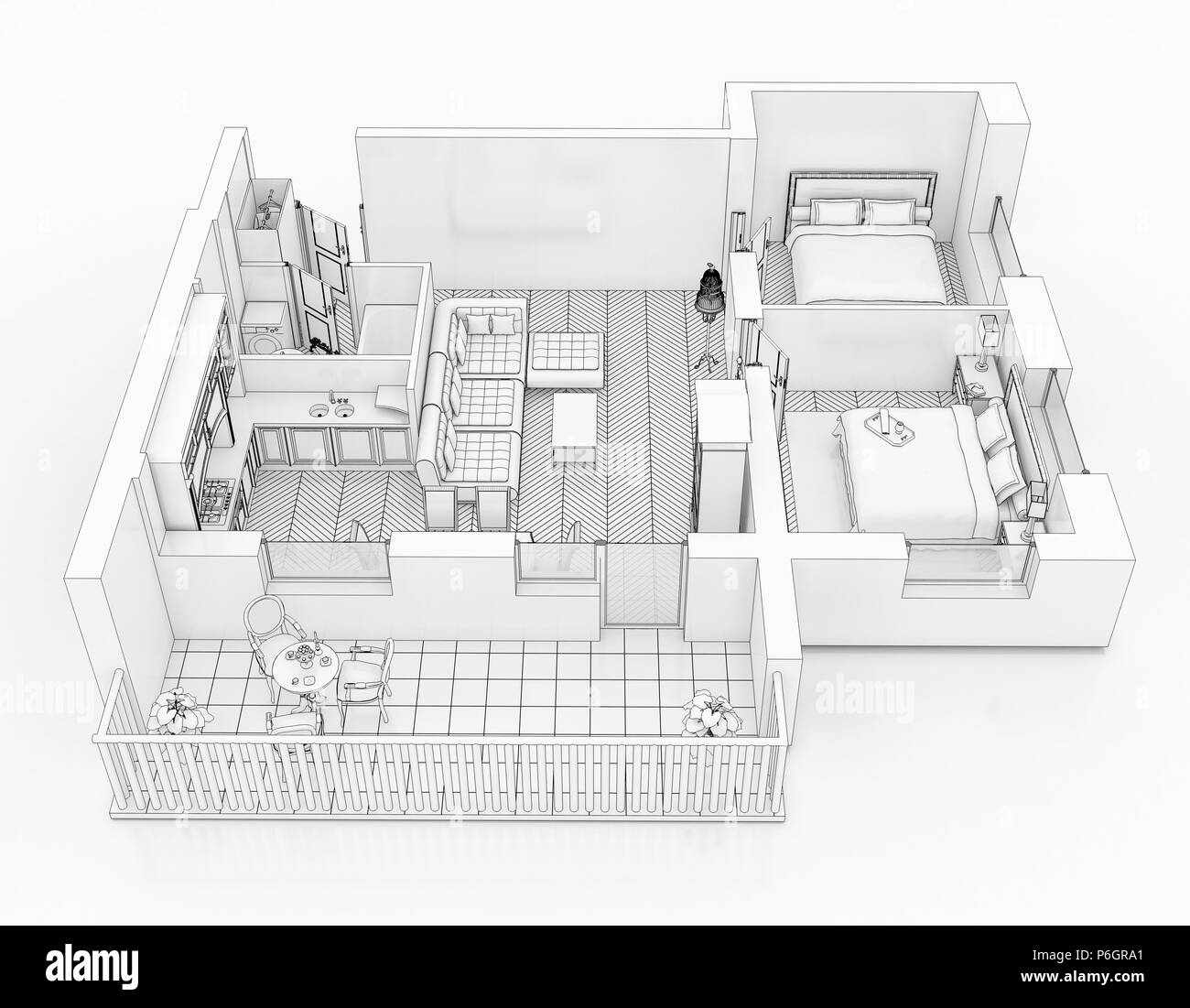 Line drawing floor plan on a white background, Mock up of furnished ...