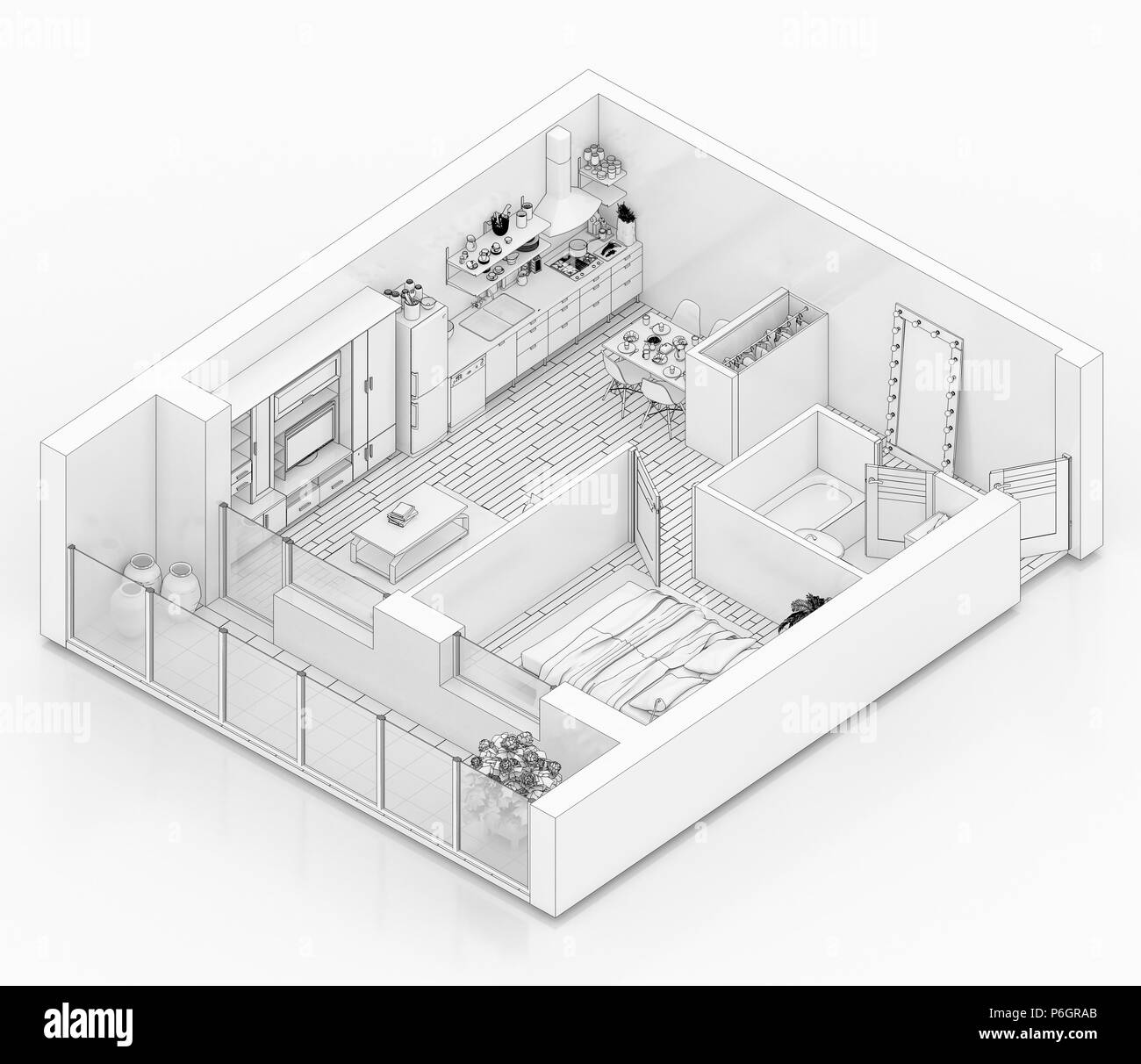 Line drawing floor plan on a white background, Mock up of furnished ...