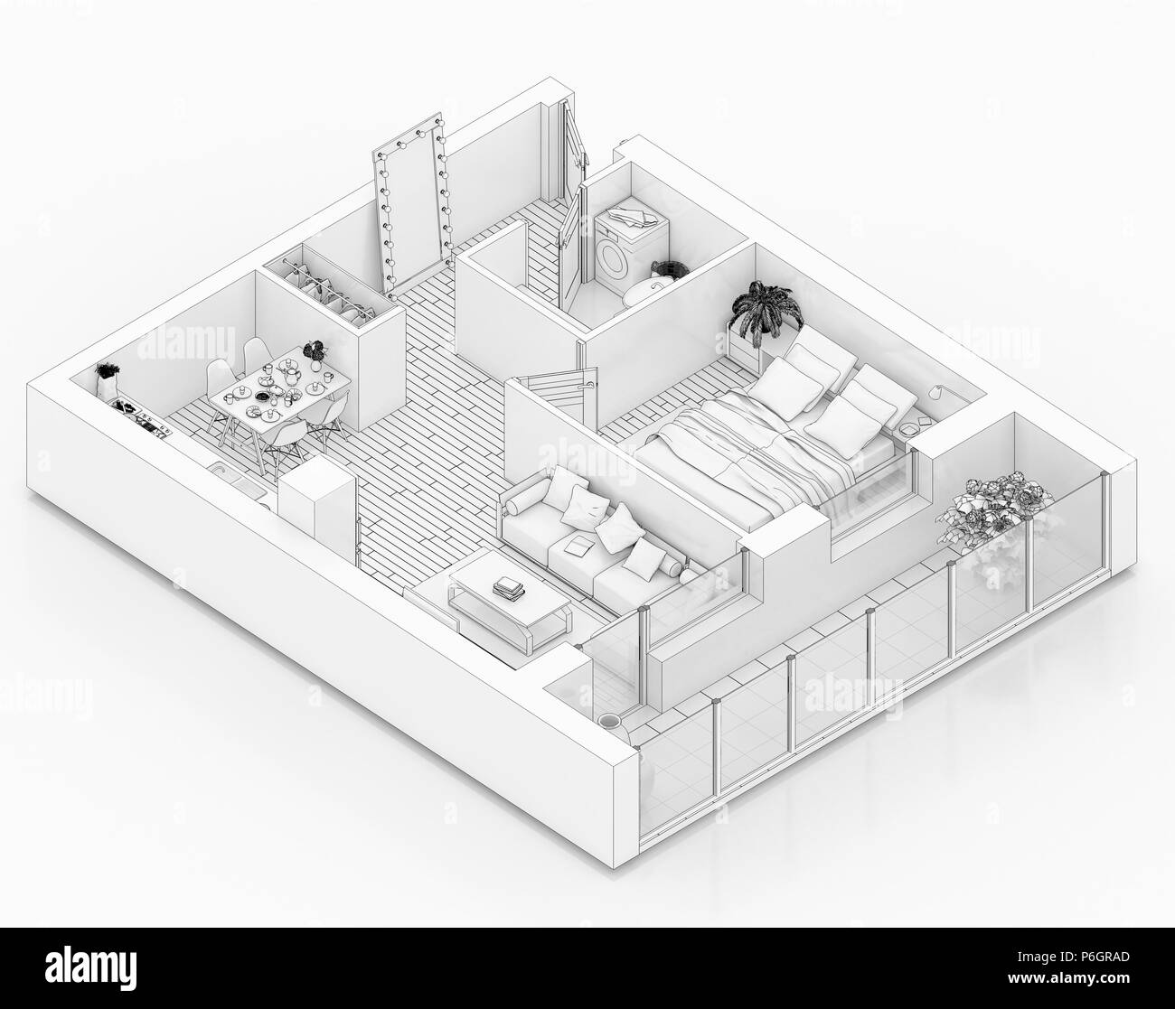Line drawing floor plan on a white background, Mock up of furnished ...