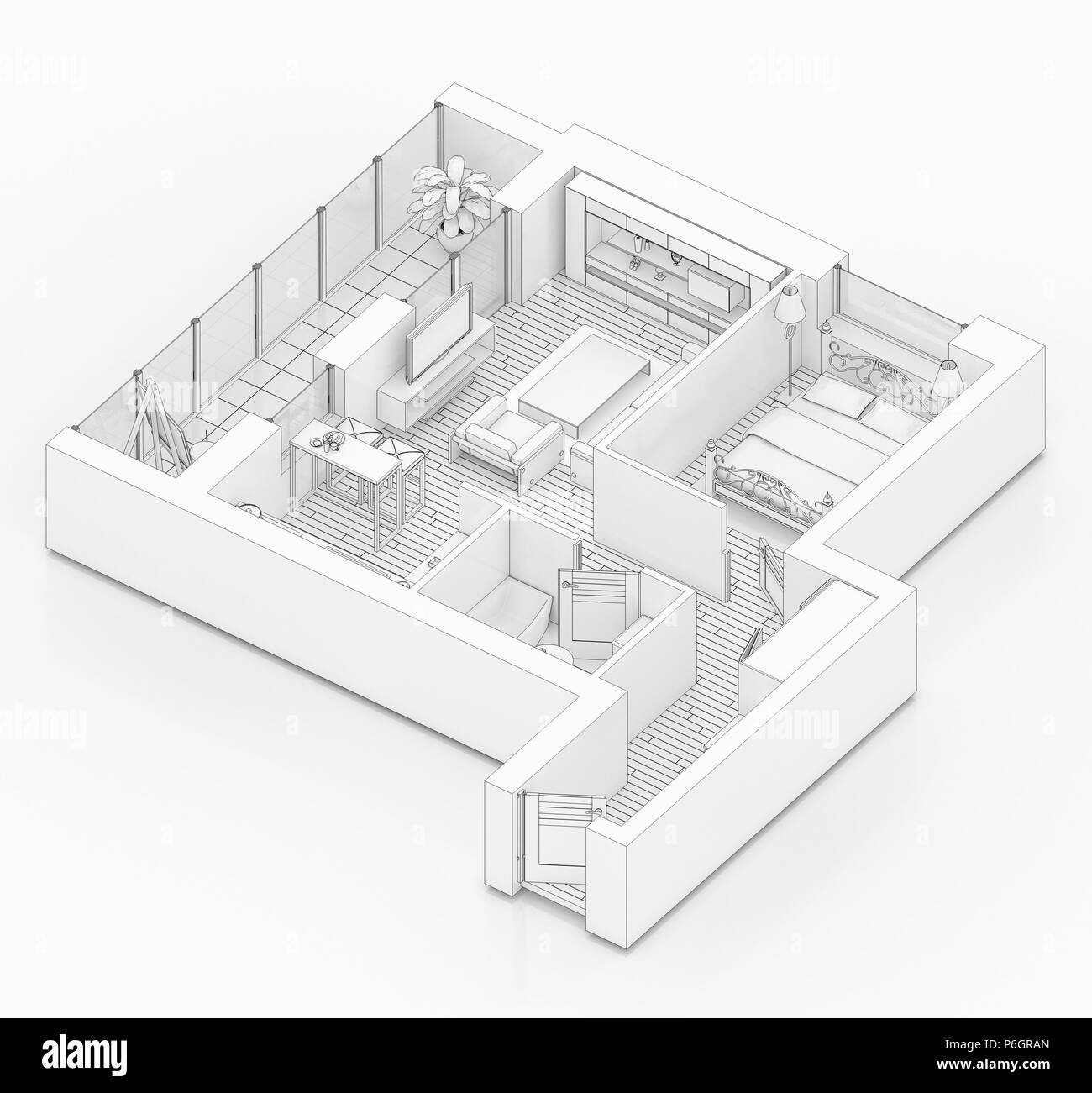 Line drawing floor plan on a white background, Mock up of furnished ...