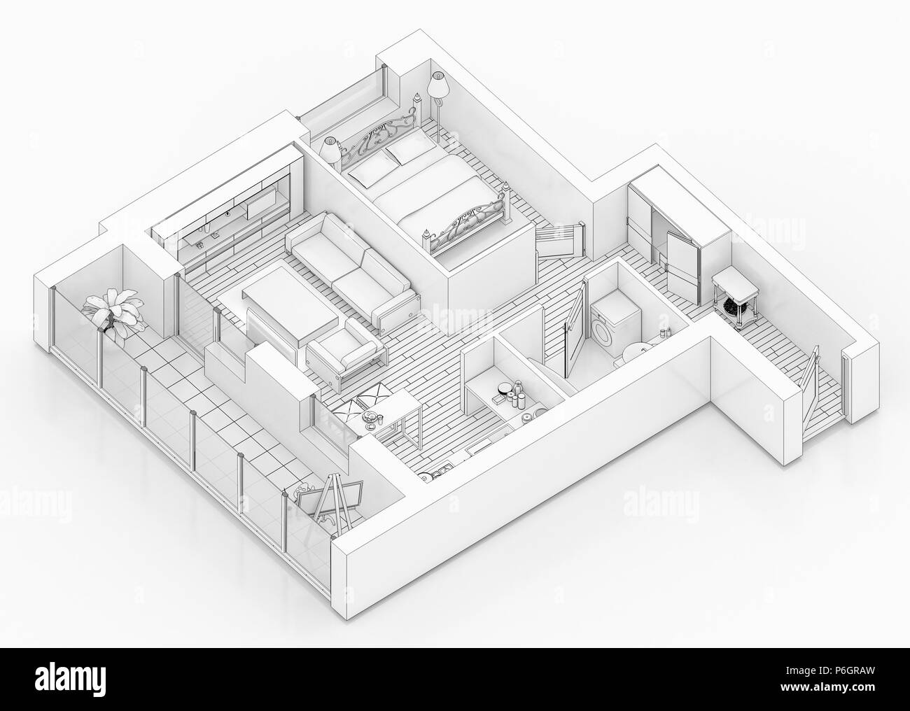 Line drawing floor plan on a white background, Mock up of furnished ...