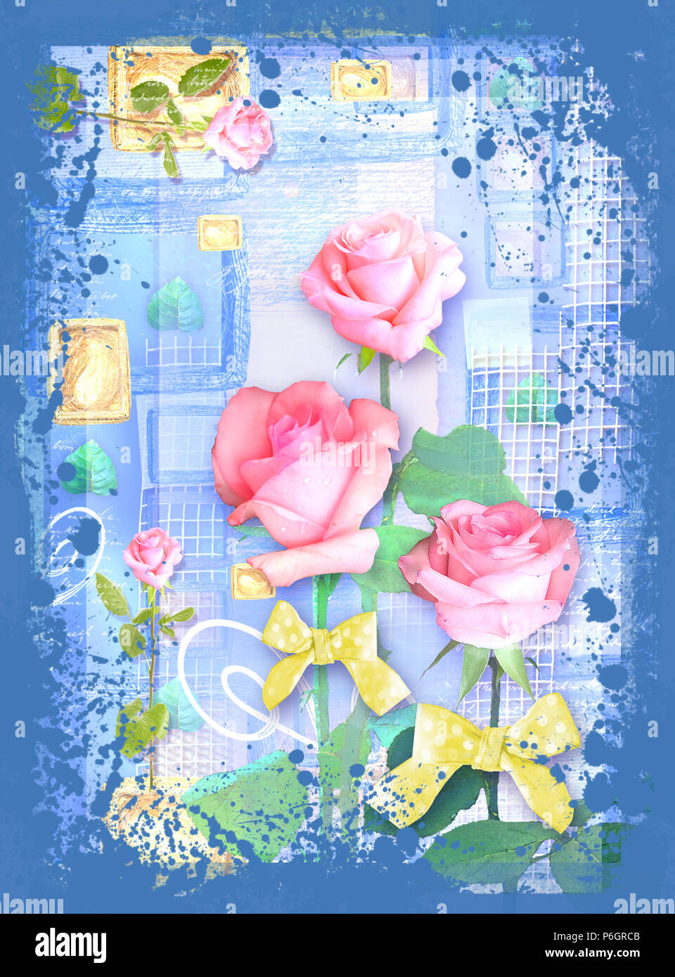 Blue collage postcard flower. Beautiful illustration with roses and ...