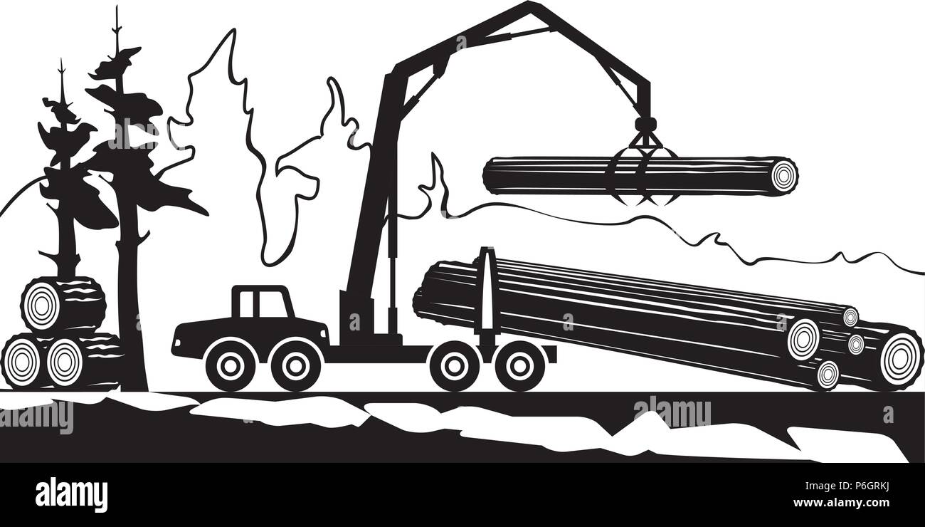 Tractor loading wood timbers in the forest - vector illustration Stock ...