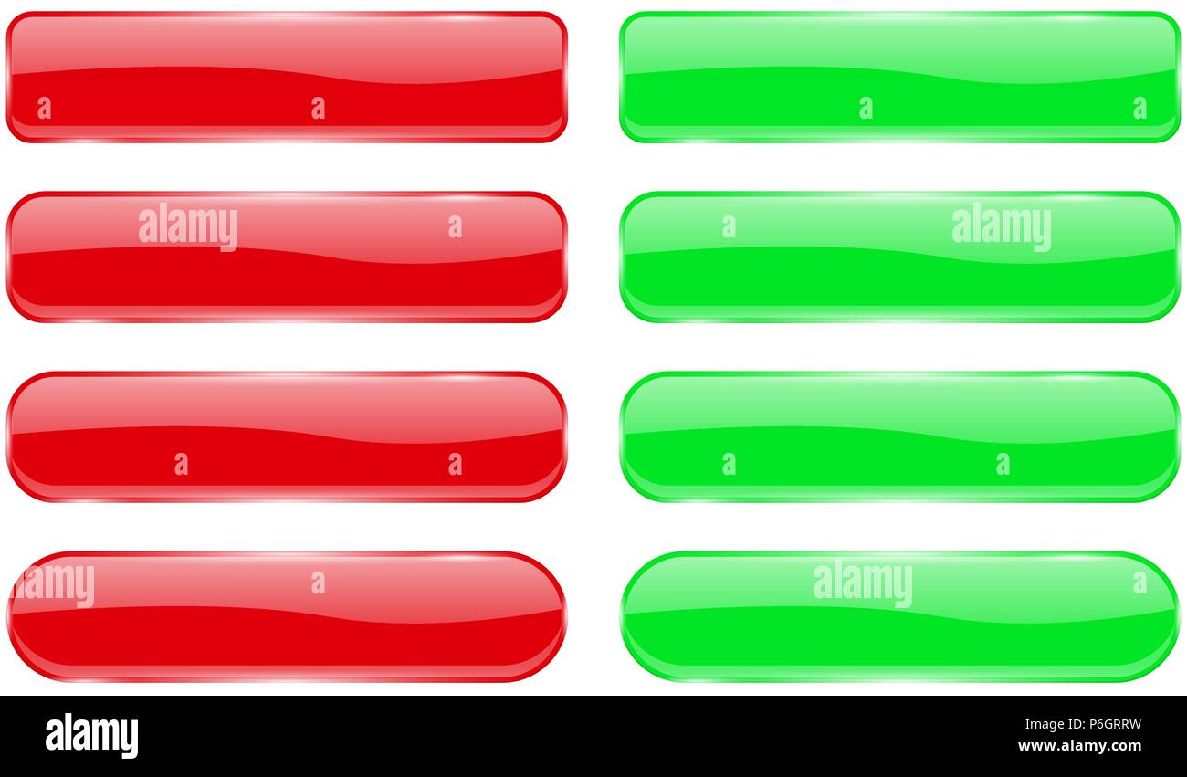 Red and green glass buttons. Shiny rectangle 3d icons with reflection ...