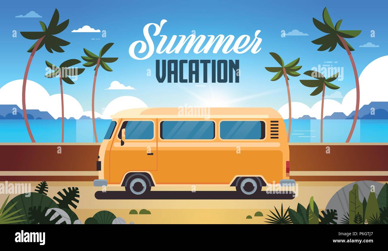 Summer vacation surf bus sunrise tropical beach retro surfing vintage ...