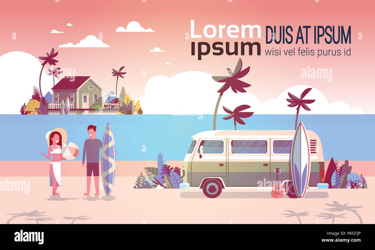 Summer vacation man woman surf bus sunset tropical beach retro surfing ...