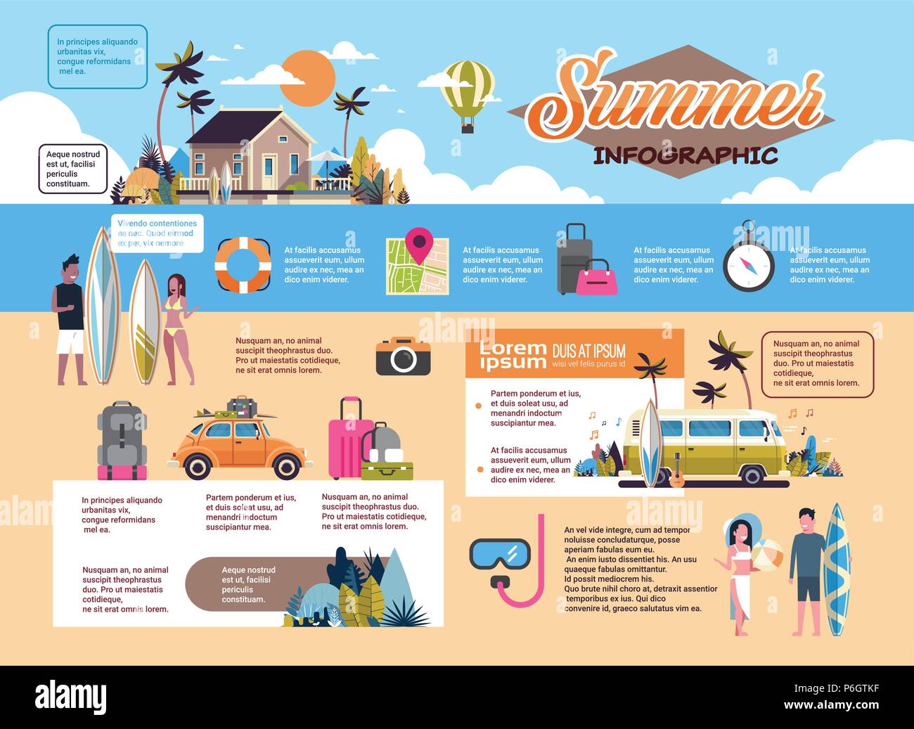 set summer vacation infographic shedule surf bus tropical beach retro ...