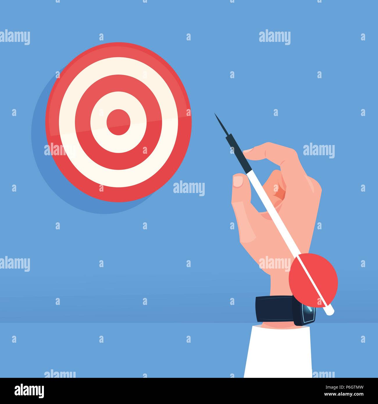 human hand holding arrow hit target dartboard successful goal concept ...
