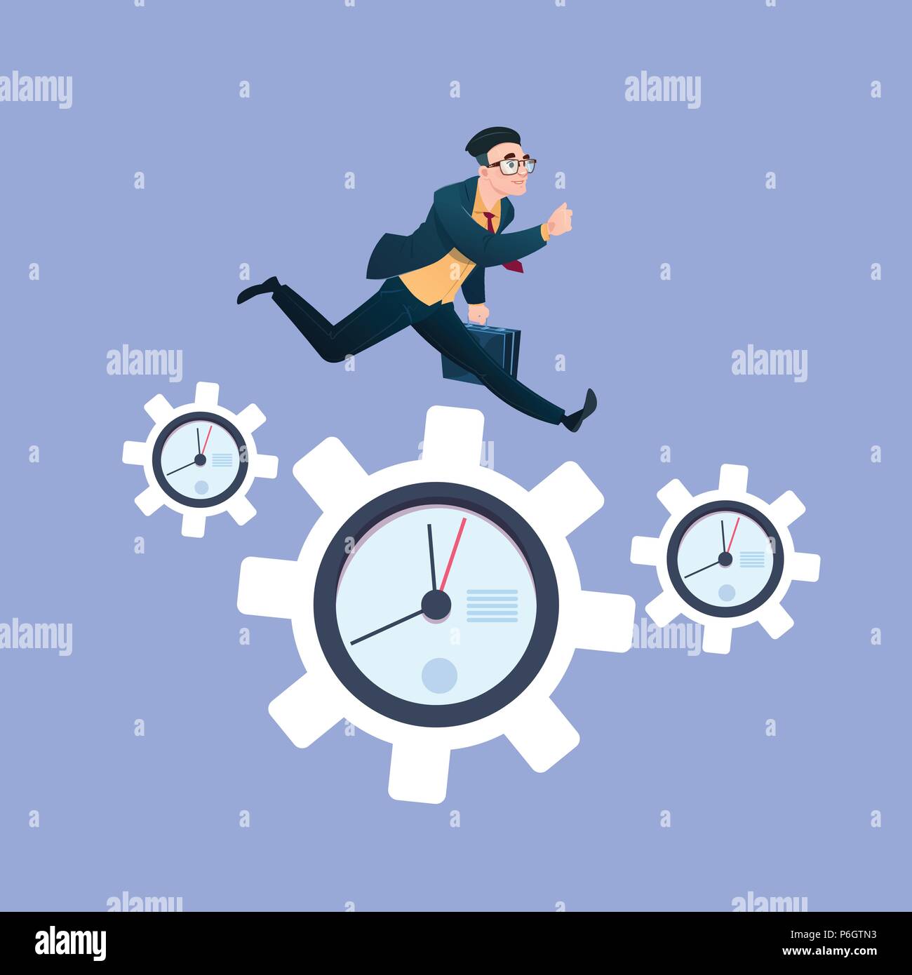 businessman running on clock cogwheels over blue background gear ...