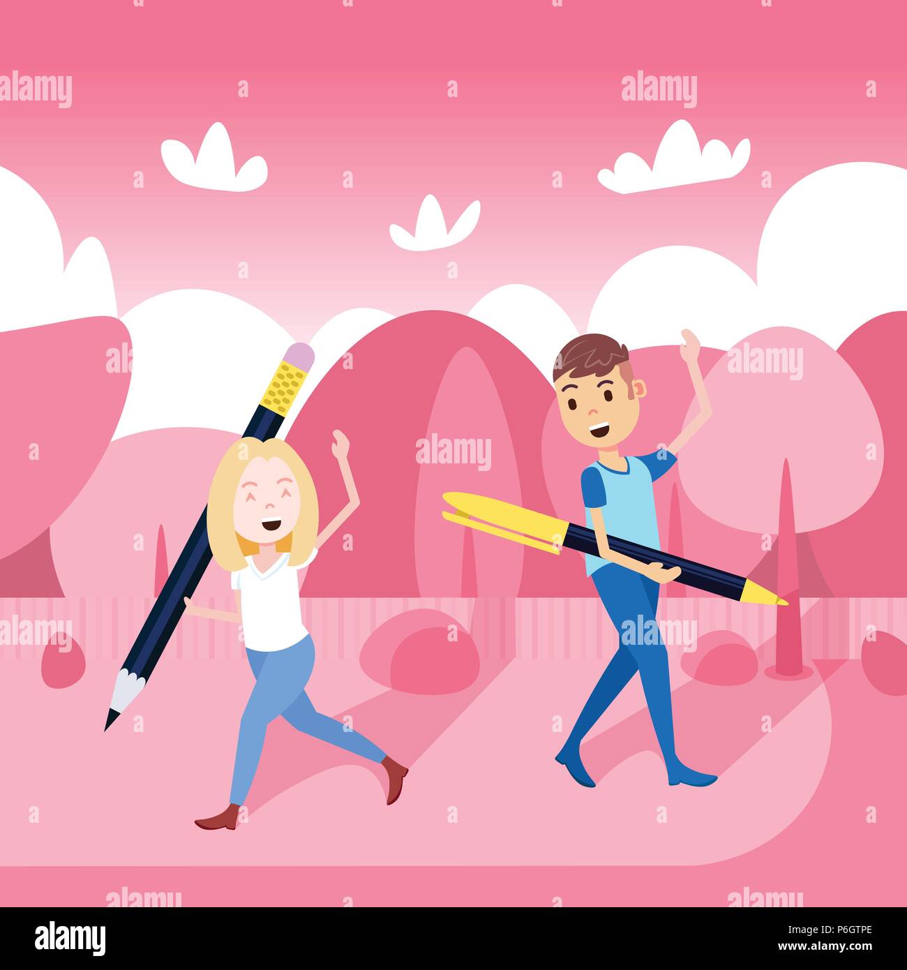 man girl character hold pencil pen template for design work and ...