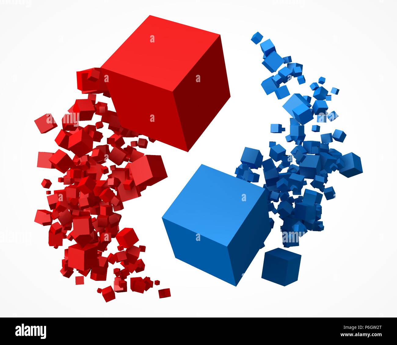 flock of red and blue cubes, rotating around each other. 3d style ...
