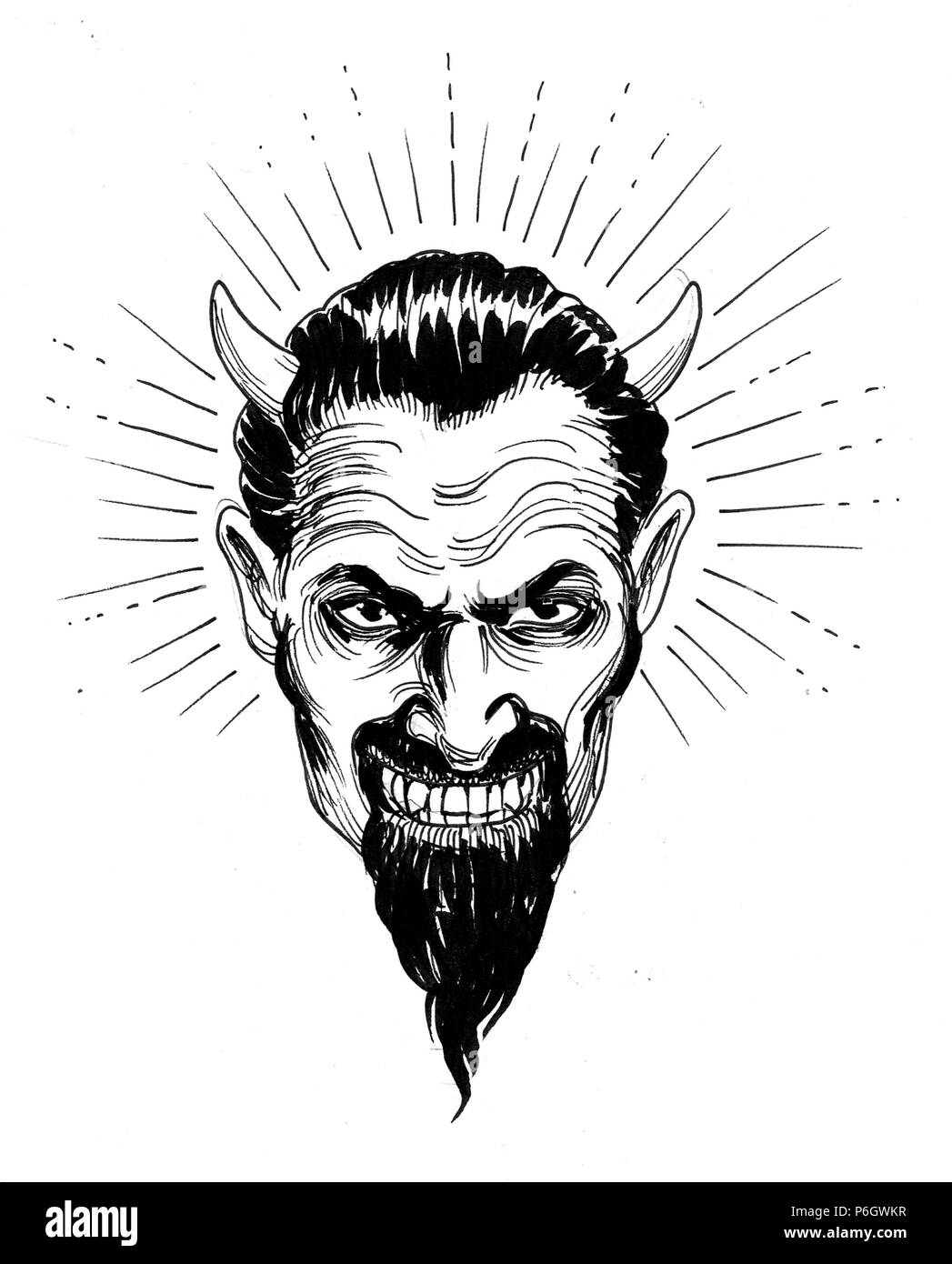 Devils head. Ink black and white retro styled illustration Stock Photo ...