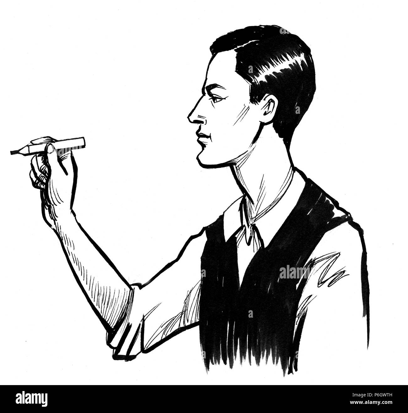 Man writing on the board. Ink black and white illustration Stock Photo ...