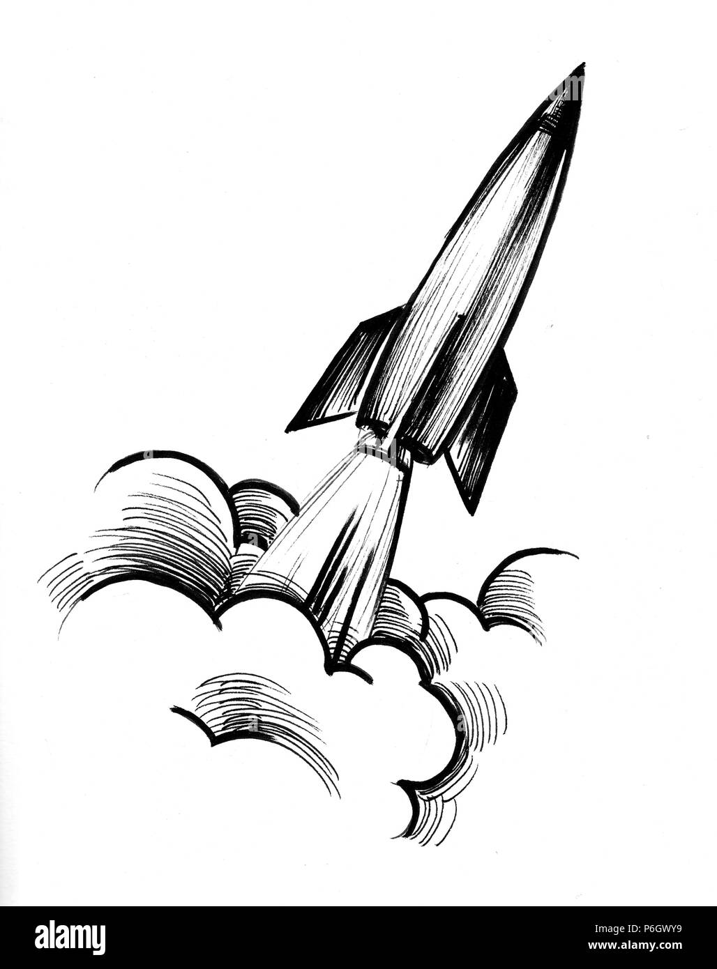 Flying rocket. Ink black and white illustration Stock Photo - Alamy