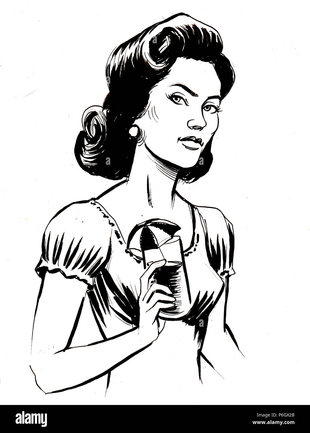 Beautiful pin up woman with an alcohol cocktail, Ink black and white ...