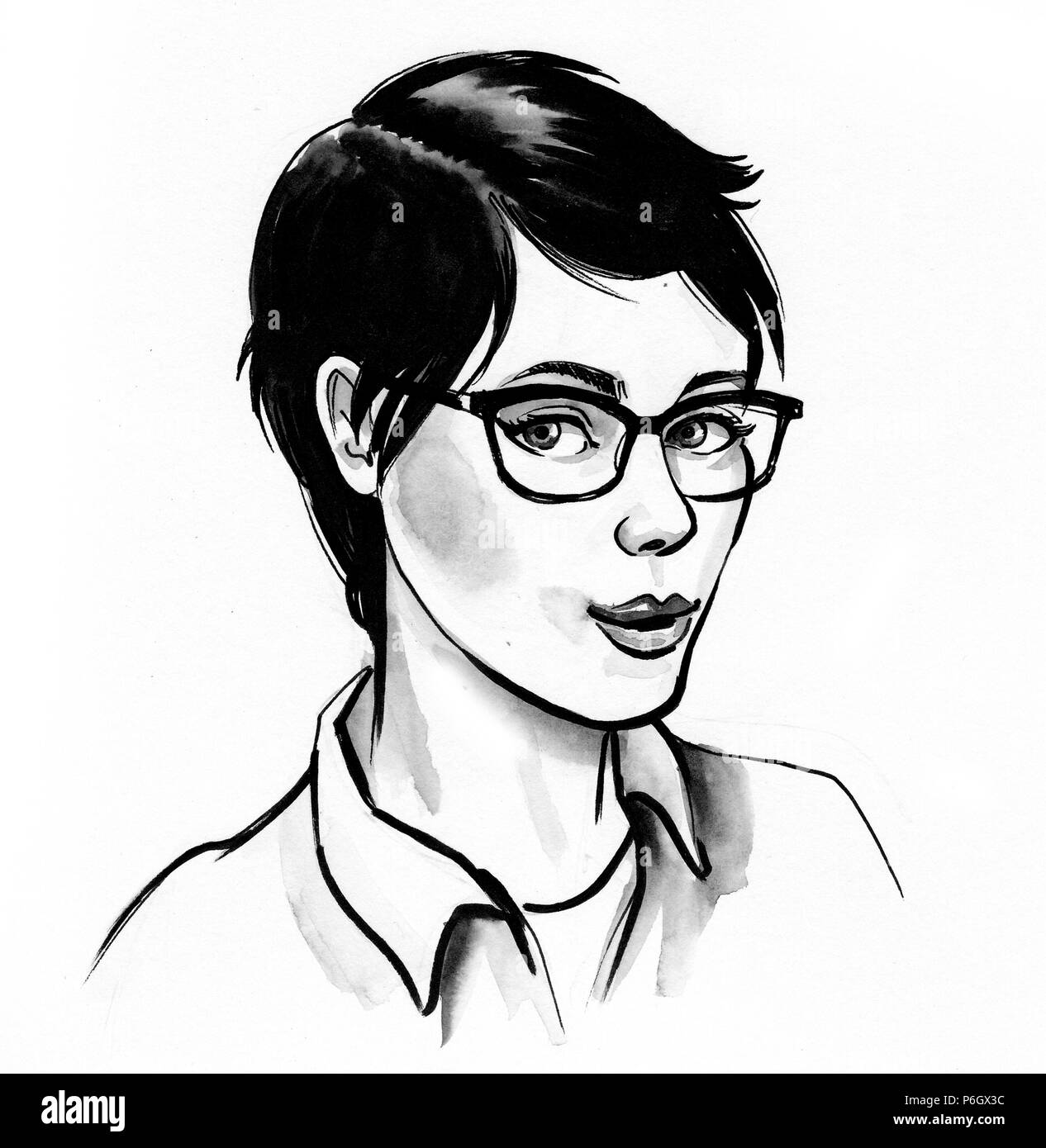 Pretty woman in glasses with a short black hair. Ink illustration Stock ...