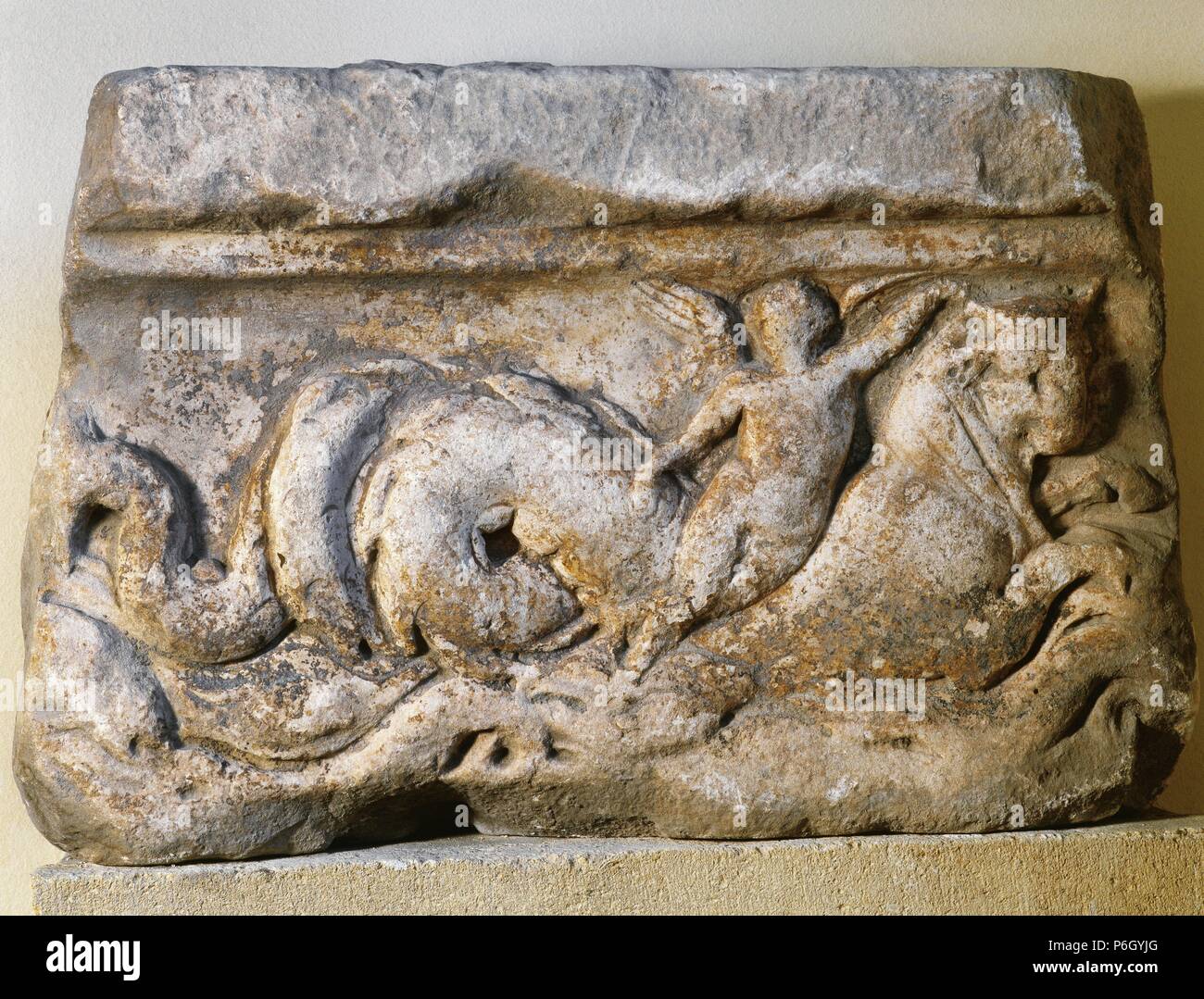 Fragment sarcophagus. Cover. Marble. Marine motifs. Marine bull ...