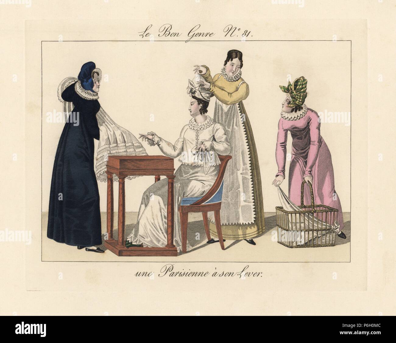 A Parisian woman dressing. A merchant displays an elegantly frilled ...