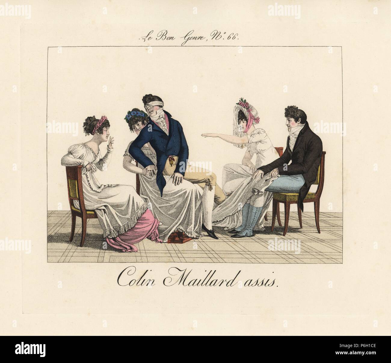 Seated blind man's buff. A dandy in Regency fashion guesses the ...