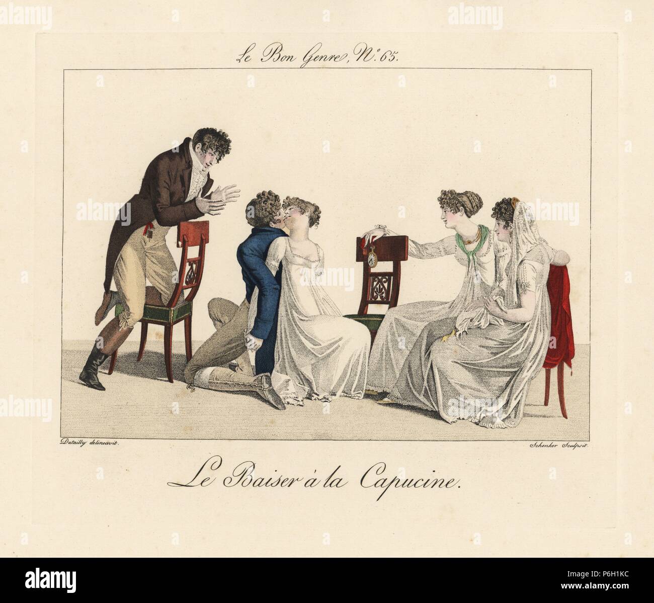 Fashionable people playing the Capucine kissing game. The players must ...