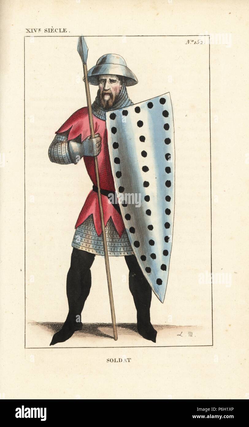 French soldier, 14th century. He wears a helmet, a hauberk of scale ...
