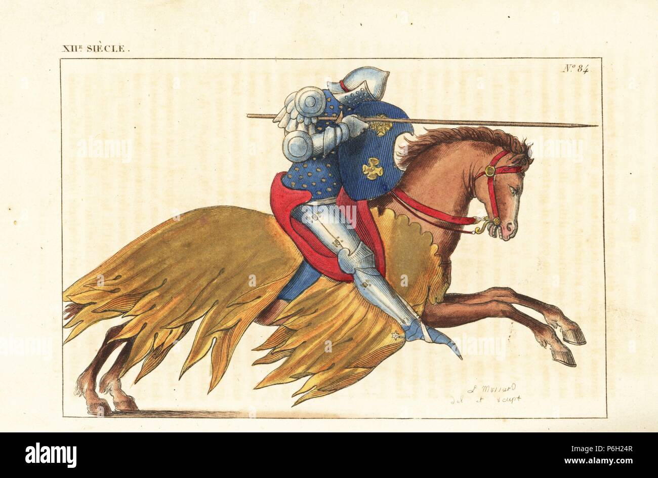 French cavalry charging with lance, 12th century. He wears a steel ...