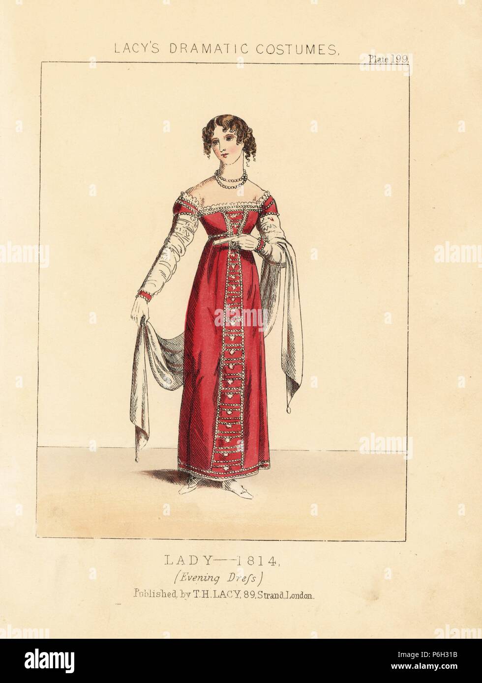 Regency lady in evening dress, 1814. She wears her hair in ringlets ...