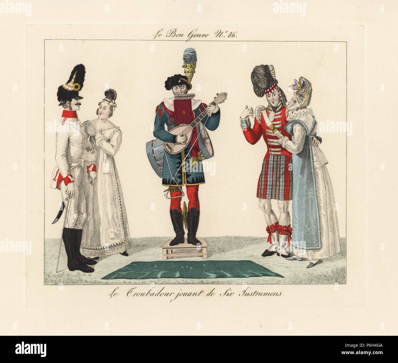Troubadour playing on six instruments in front of Prussian and Scots ...