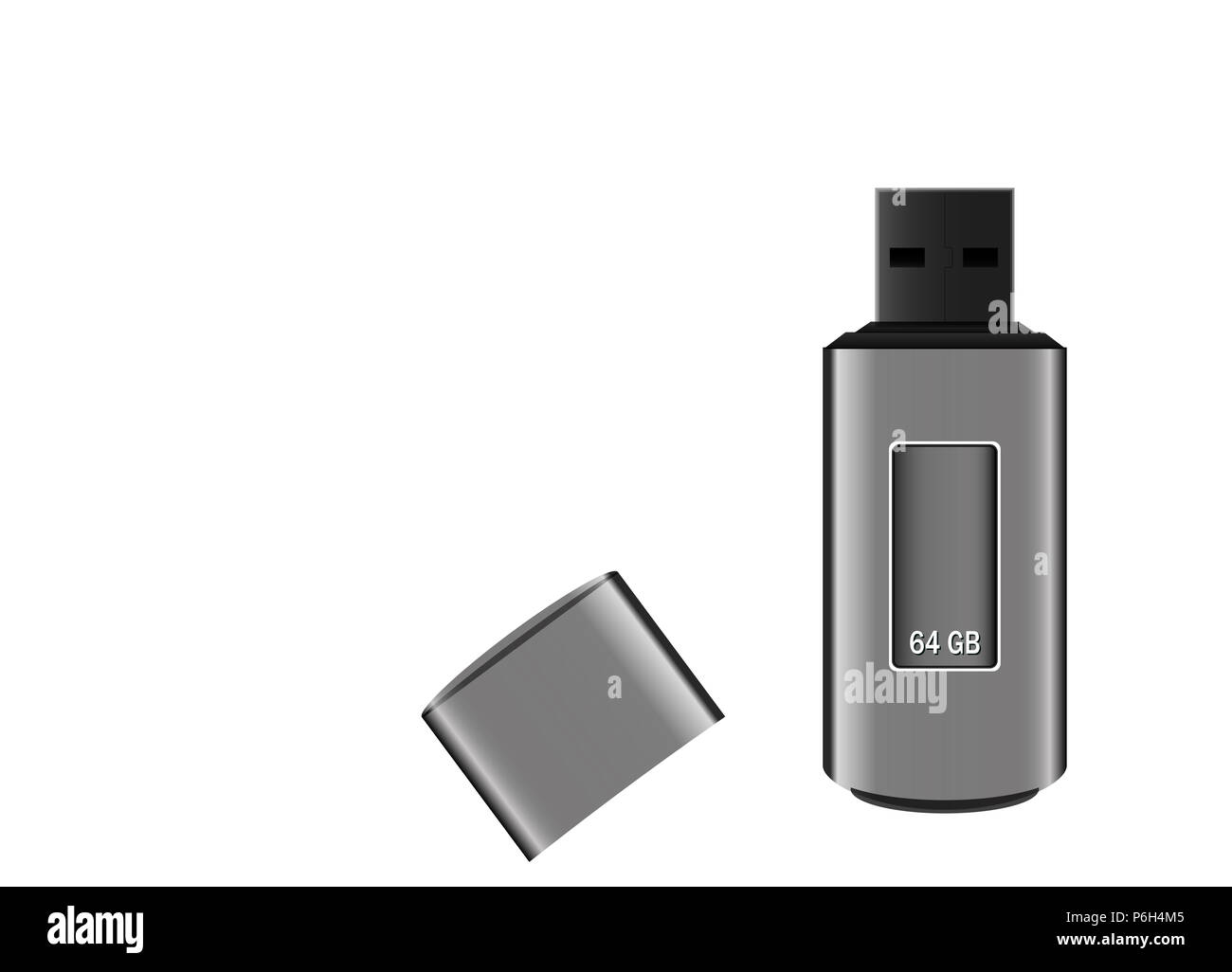 Silver USB flash drive 64 GB with cover cap on white background, vector ...