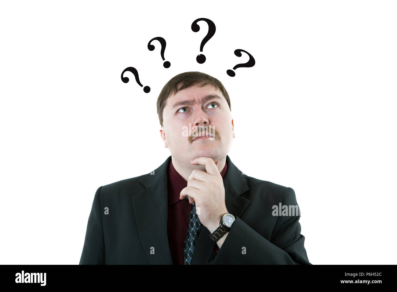 portrait of a man thinking question with question symbols on a white ...