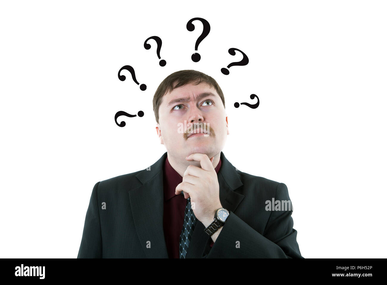 portrait of a man thinking question with question symbols on a white ...