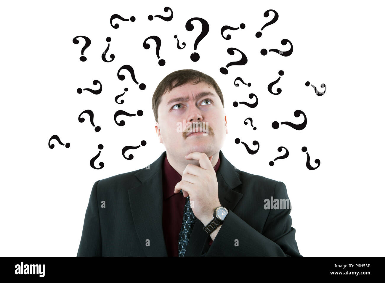 portrait of a man thinking question with question symbols on a white ...