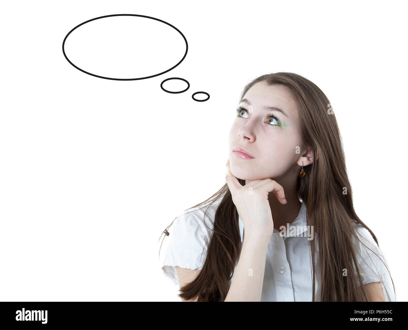 portrait of a girl thinking on a white background Stock Photo - Alamy