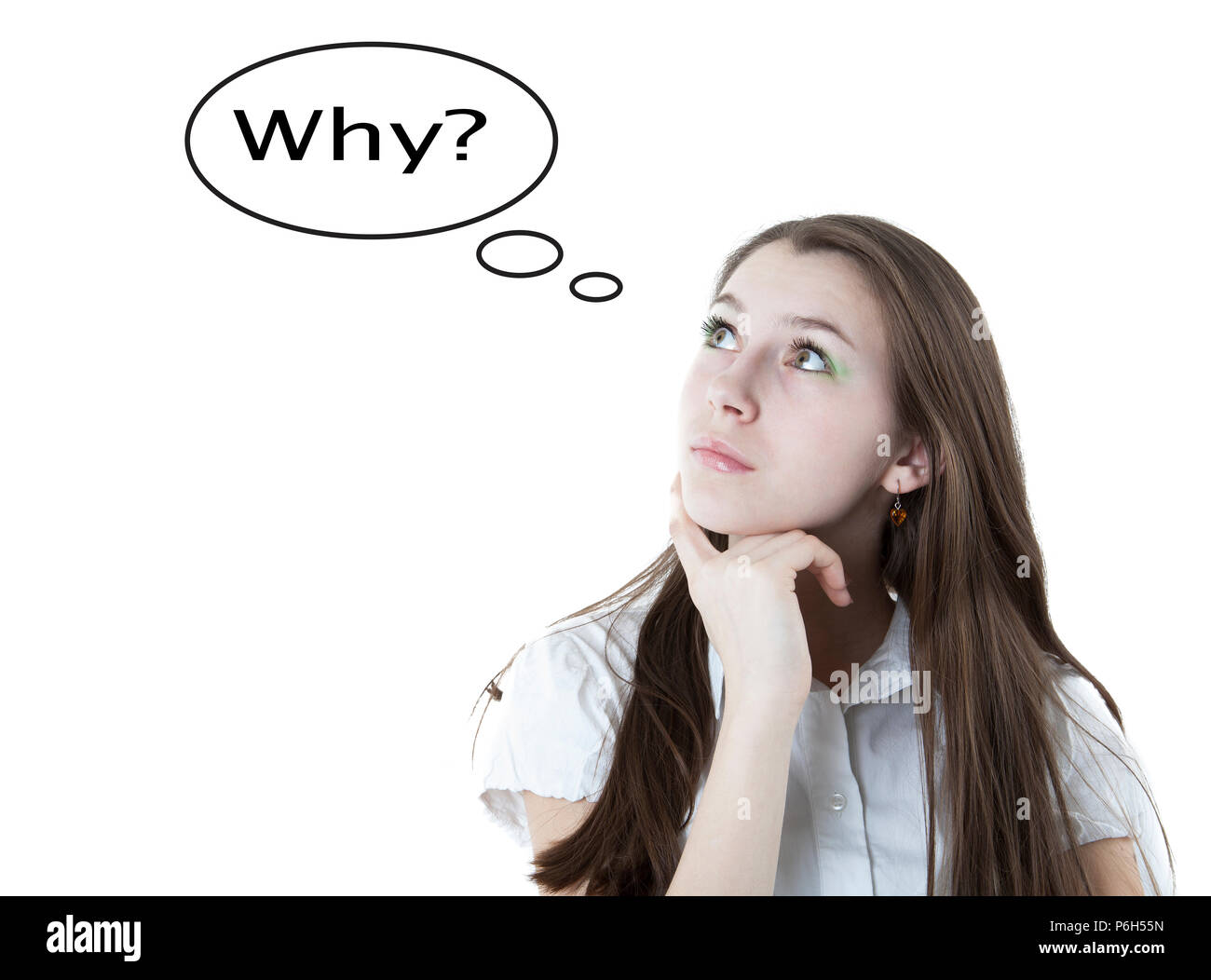 portrait of a girl thinking over the question on a white background ...