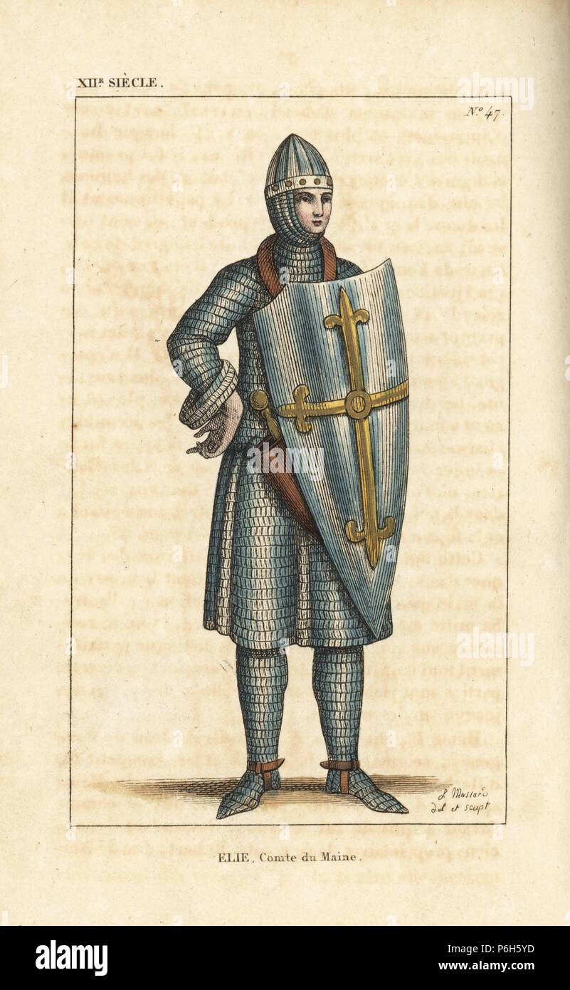 Elias I, Count of Maine, died 1110. He wears a tunic and stockings of ...