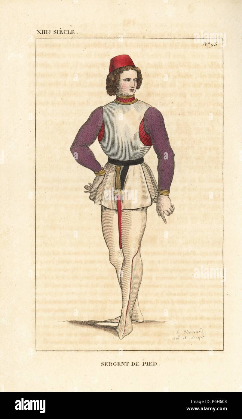 Infantry sergeant, 13th century. He wears a scarlet hat, white jaque ...