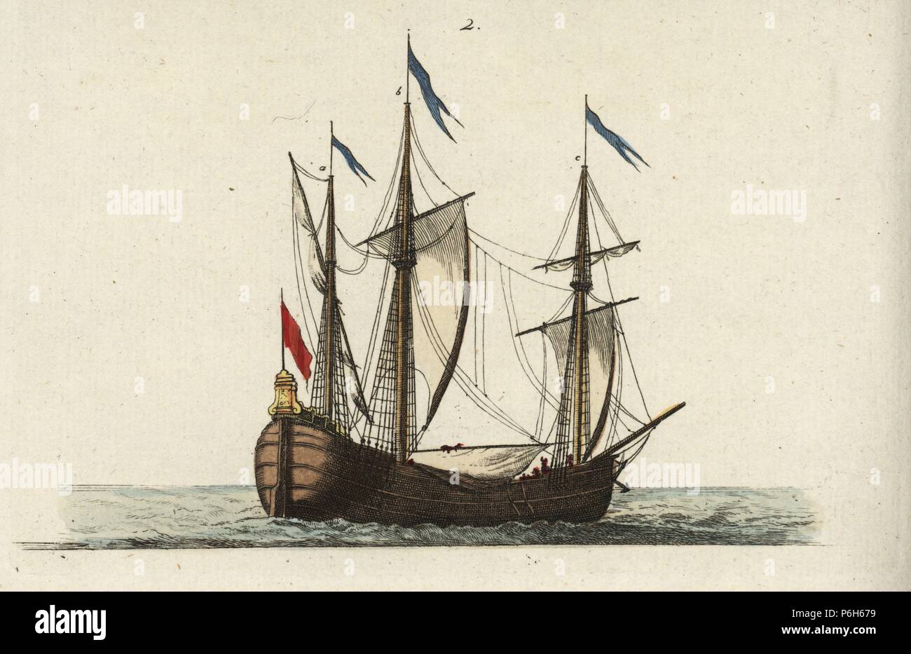 Merchant ship. Handcoloured copperplate engraving after Christiane ...