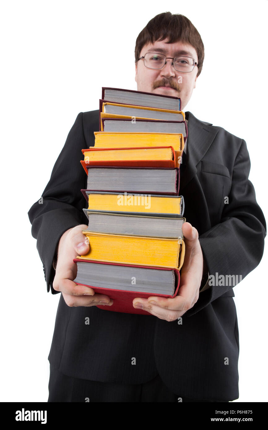 man holding a stack of books isolated on a white background Stock Photo ...