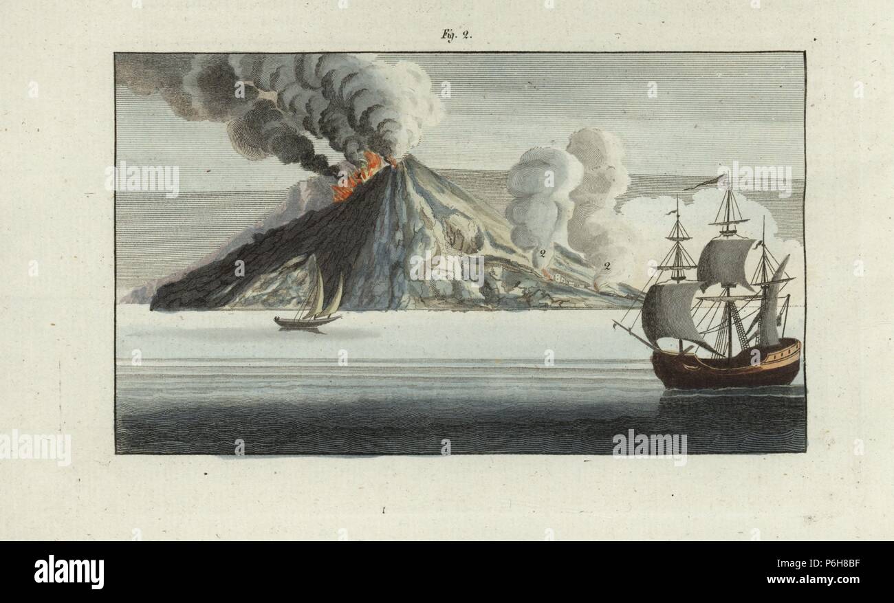 Eruption of the volcano on Stromboli island, Italy, 18th century ...