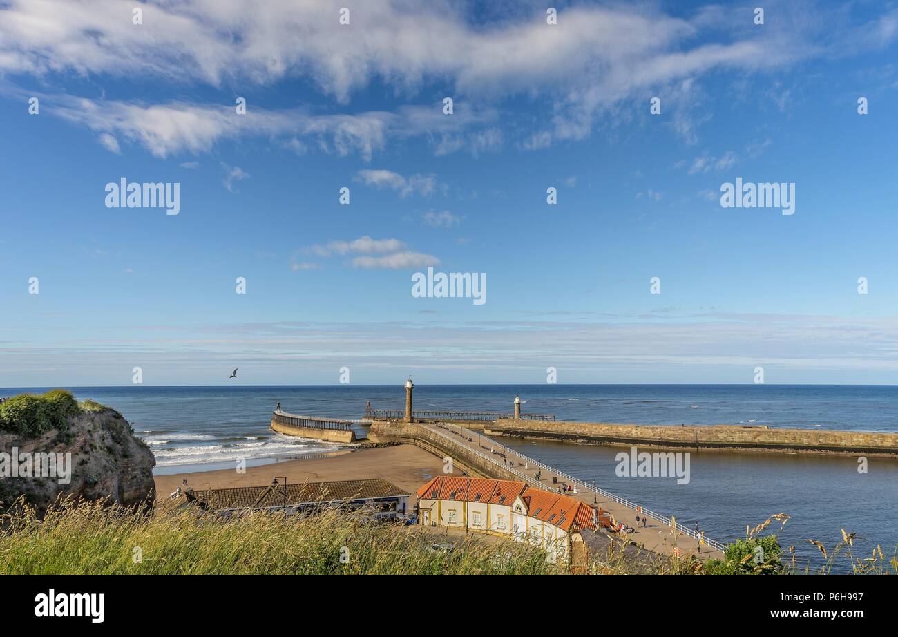 Whitby lighthouse and two piers hi-res stock photography and images - Alamy