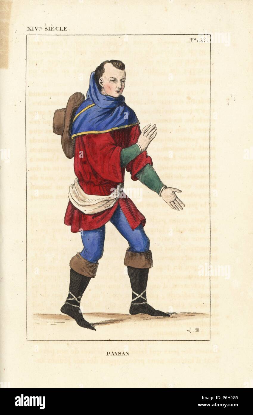 French peasant, 14th century. He wears a wide-brimmed hat, hooded ...