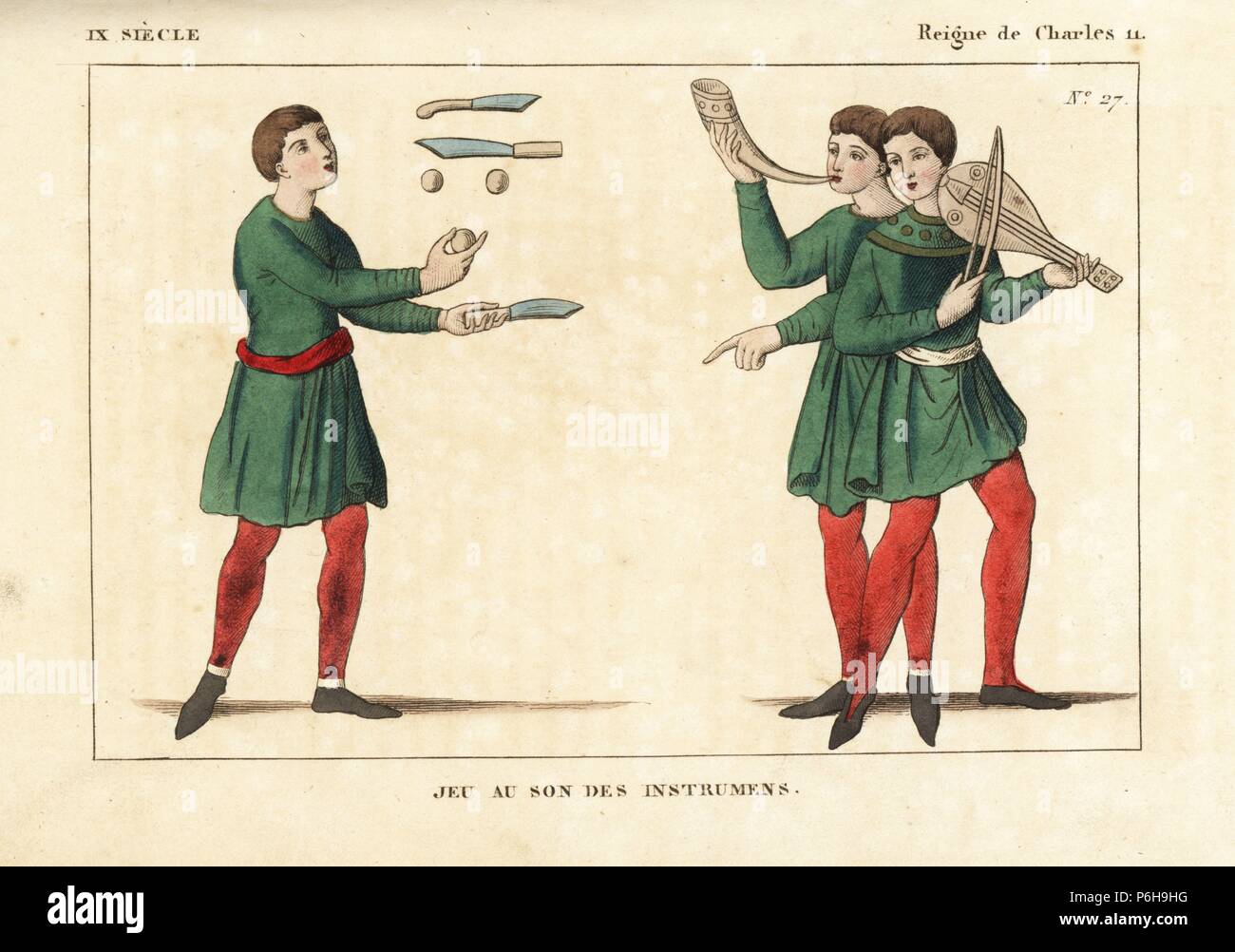 Juggler performing to music, 9th century. A man juggles knives and ...