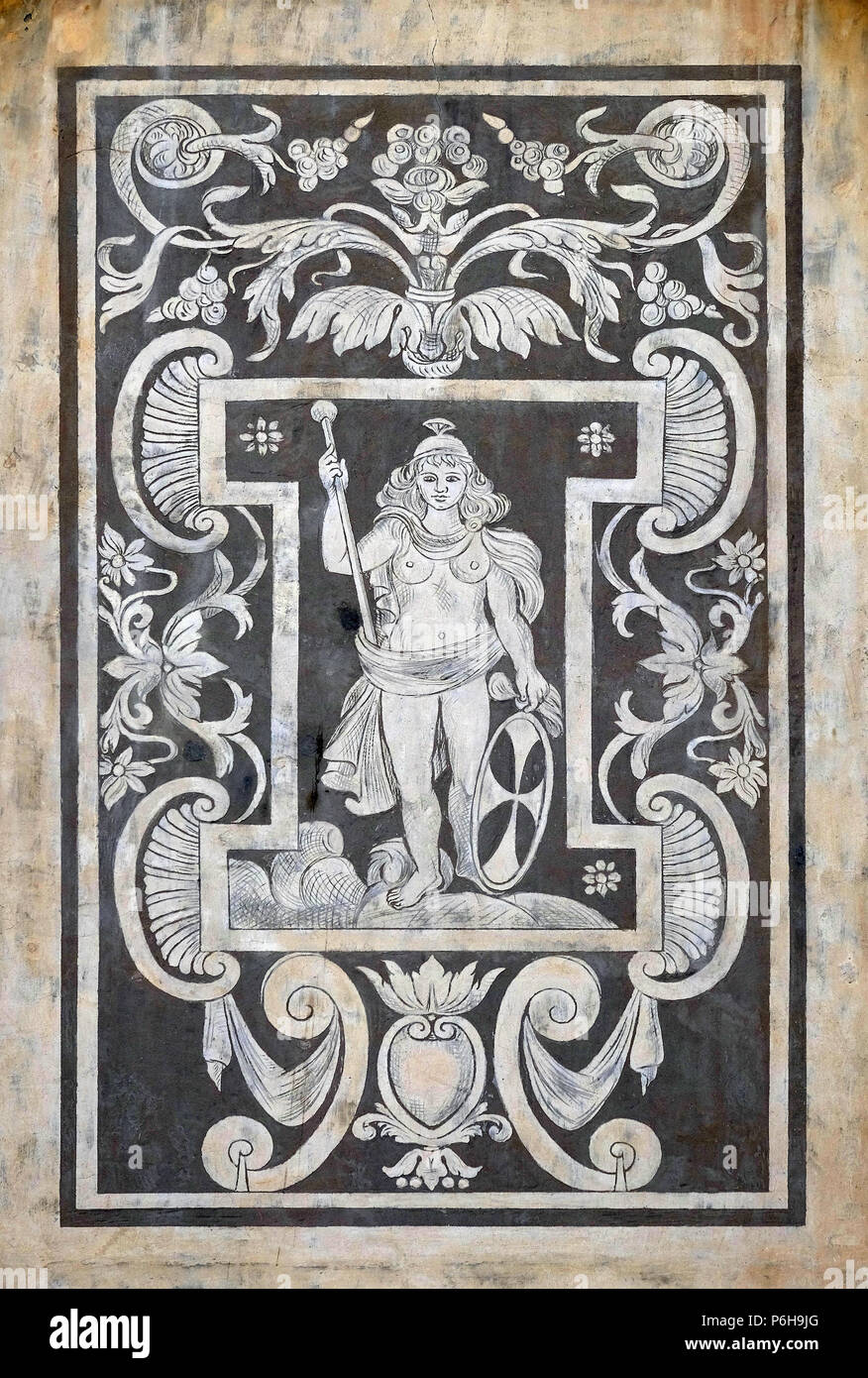 Detail of the decoration of the facade of Building of Pisa Superiore ...