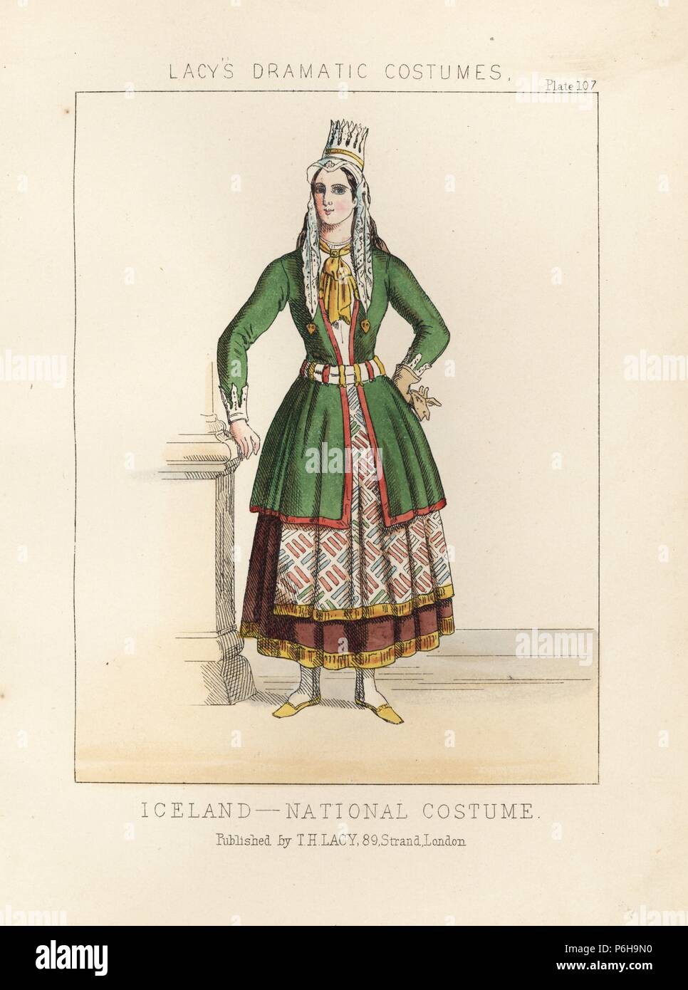 Woman in national costume of Iceland, 19th century. Lace hat, green ...