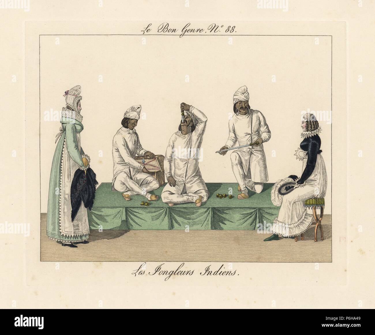 Indian sword swallower in Paris, 1816. An assistant holds a sword to ...