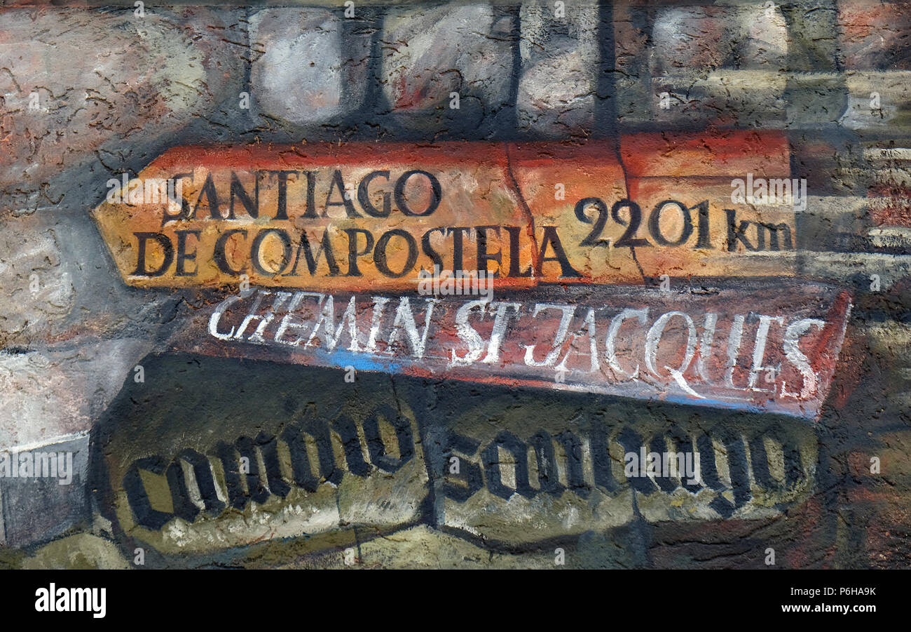 Direction sign for Santiago de Compostela, fresco by Sieger Koder on ...